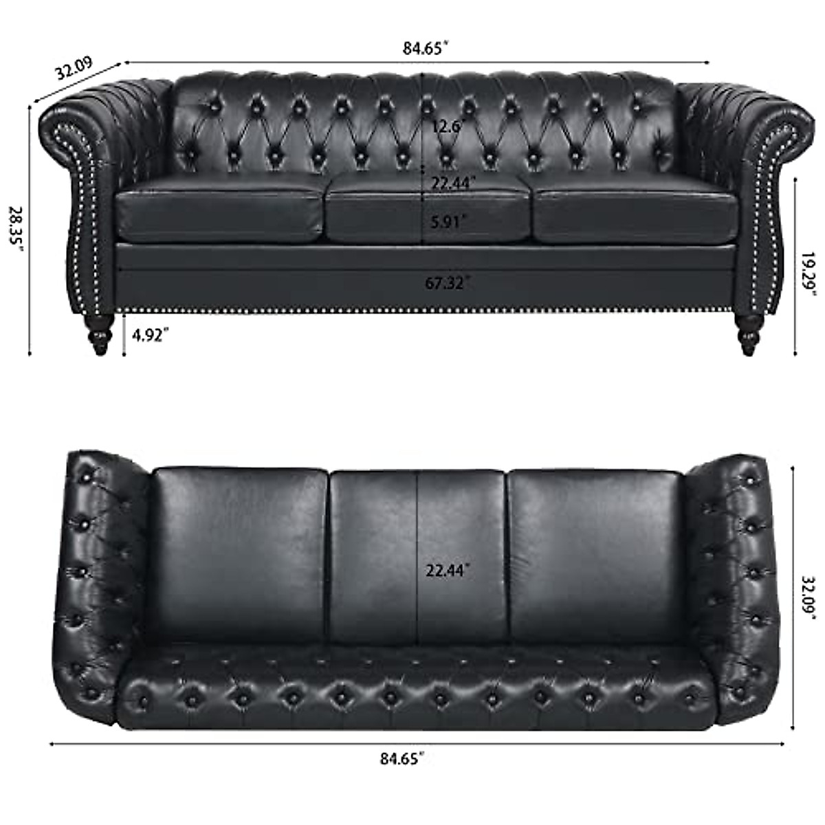 Dvasovio Chesterfield Luxury Leather Sofa, Upholstered PU Sofa with Tufted Back, Classic 3 Seater Leather Couch Rolled Arm for Living Room Office, Black