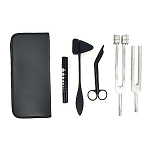 SURGICAL ONLINE Ultimate Medical Student Diagnostic Set - Premium Stethoscope & Tactical Black Set of 5 pcs Reflex Percussion Taylor Hammer + Penlight + Tuning Fork C 128 C 512 + Bandage Scissors 5.5