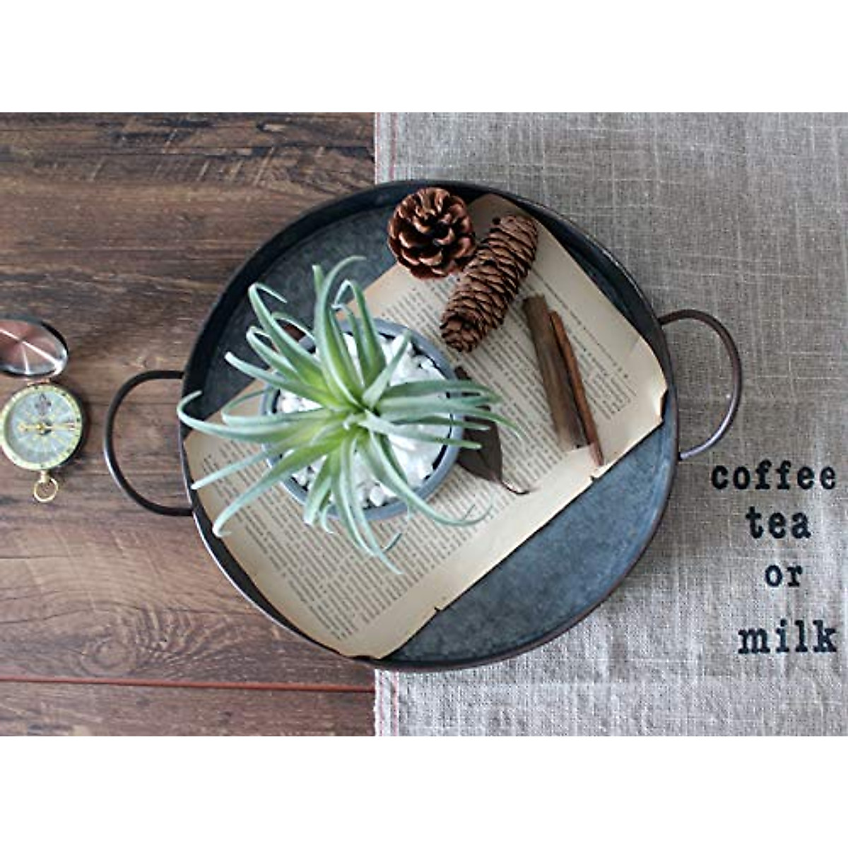 Funerom 11.8 inchs Round Galvanized Metal Round Tray with Handles