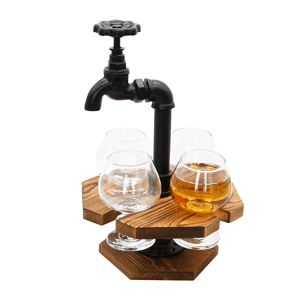 Owlgift Industrial Pipe & Burnt Wood Beer/Whiskey Flight Set with 4 Glasses, Cast Iron Faucet Spigot Design