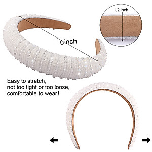 Wecoe White Headband Rhinestone Headband Women Fashion Fancy Bling Sparkle Crystal Beaded Headband Diamond Padded Headband Cute Hair Bands Birthday Wedding Holiday Hair Accessories For Women Girls