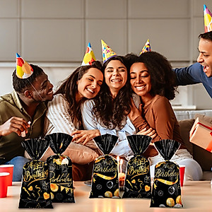 Hotop 150 Pcs Black and Gold Bags Happy Birthday Cellophane Gift Treat Goodie Candy with Ties for 90th 80th 70th 60th 50th 40th 30th Party Decor, 27.5 x 12.5 cm