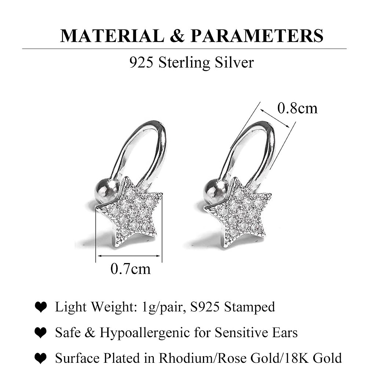 SLUYNZ 925 Sterling Silver CZ Star Cuff Earrings for Women Clip On Ears No Piercing Cartilage Earrings (A-Silver)