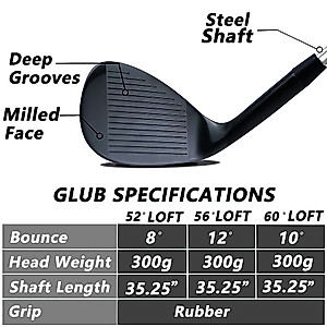 POSSOT 3 PCS Wedge Set or Individual Golf Wedges, Available in56° Sand Wedge for Man and Woman Right Hand with Rubber Grip, Black.