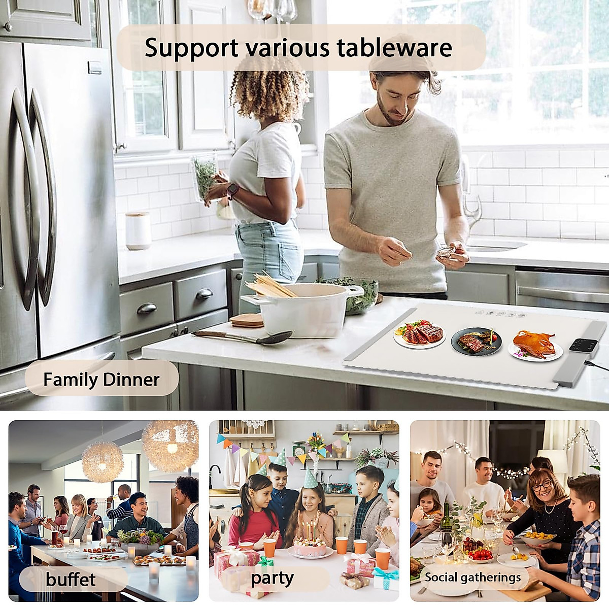 Food Warmer Mat, Roll Up Electric Warming Plate, Portable Silicone Warming Mat with 5 Heat Levels, Heating Tray for Parties Buffet, 26inx15.5in, (Energy Saving)