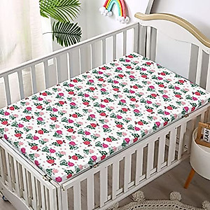 Rose Themed Fitted Mini Crib Sheets,Portable Mini Crib Sheets Soft and Breathable Bed Sheets-Great for Boy or Girl Room or Nursery,24“ x38“,Rose Dark Coral