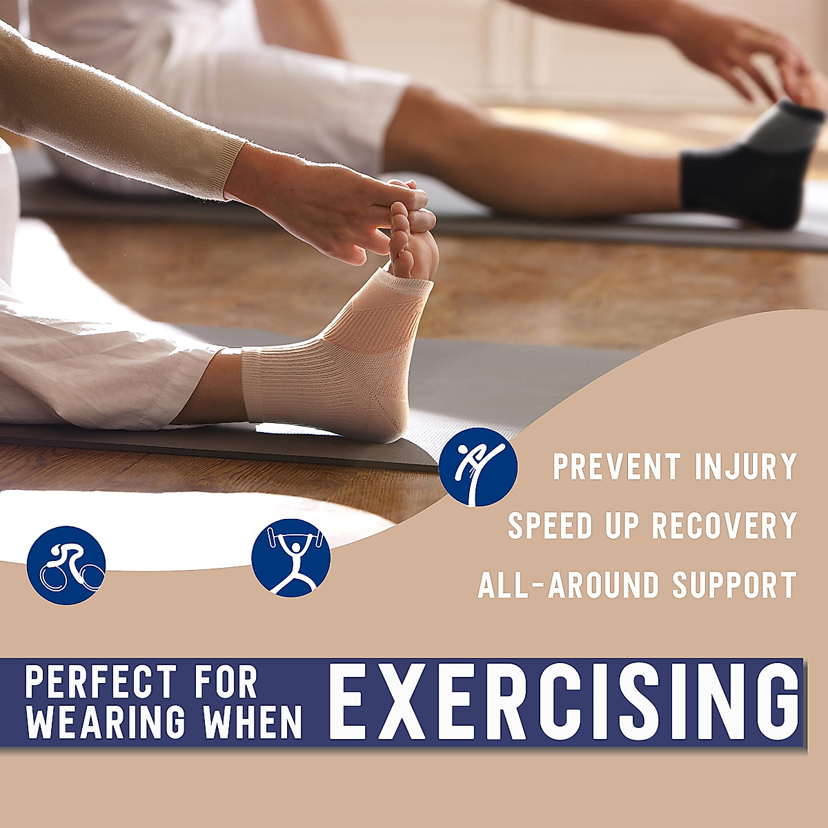 Keskale 3 Pairs Ankle Compression Sleeves for Women & Men - Ankle Foot Brace for Injury Recovery, Open toe Neuropathy Socks, Toeless Ankle Compression Socks for Plantar Fasciitis (Beige, M)