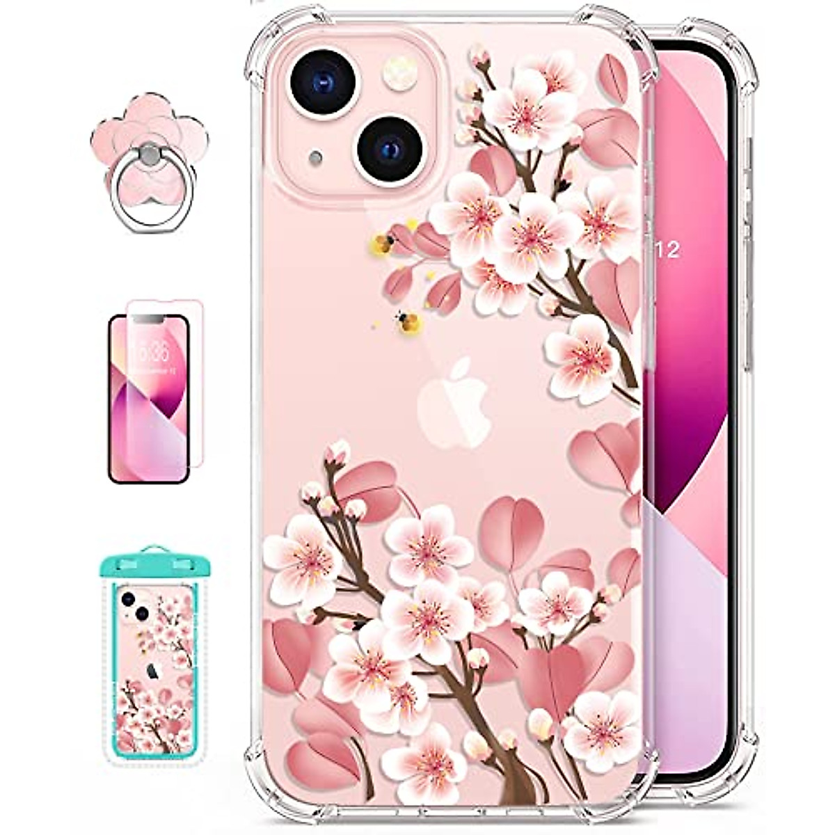 RoseParrot Designed for iPhone 13 Case with Screen Protector + Ring Holder + Waterproof Pouch, Clear with Floral Pattern Design, Soft&Flexible Bumper Shockproof Protective Cover （Fireflies）