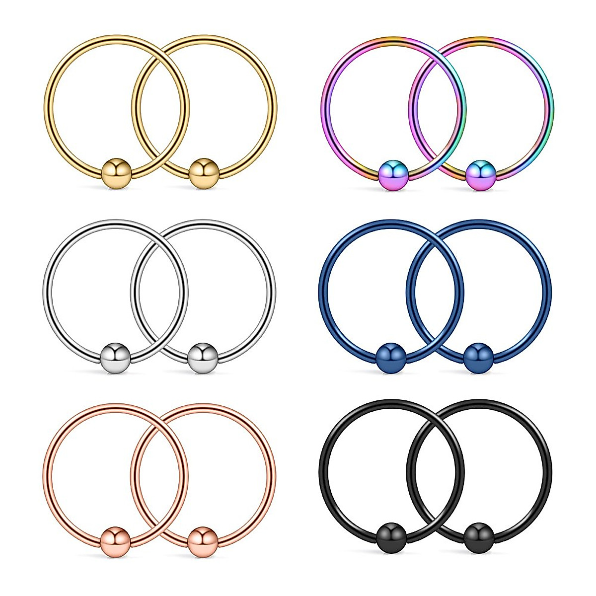 Ruifan 12PCS 316L Surgical Steel Captive Bead Rings Nose Belly Eyebrow Tragus Lip Ear Nipple Hoop Ring BCR 16G 10MM