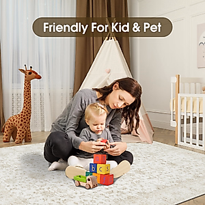 Area Rug 9x12 Living Room Rug, Soft Vintage Washable Rug with Anti-Skid Backing Stain Resistant Thin Indoor Carpet Large Area Rug for Bedroom Under Dining Room Table Nursery-Light Beige