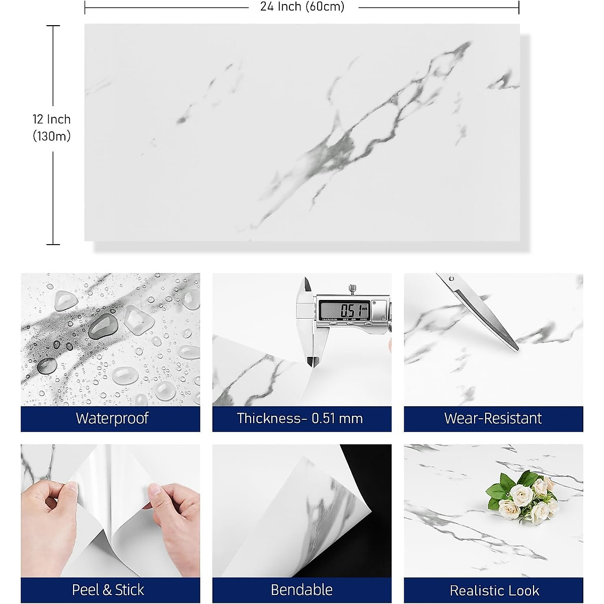 FunStick 12"x24" 15 Pcs White Peel and Stick Floor Tile Marble Vinyl Flooring for Bathroom Floor Tiles Peel and Stick Wall Tiles Waterproof Grey Stick on Flooring Sticky Tiles for Kitchen RV Flooring