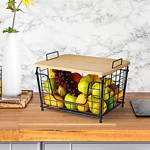 HEOMU Countertop Basket for Kitchen, Bread Vegetable Fruit Organizer Bin With Bamboo Lid, Metal Rectangular Wire Basket for Pantry Cabinet