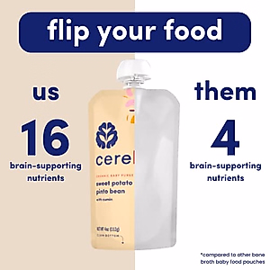 Cerebelly Organic Sweet Potato Pinto Bean & Chicken Bone Broth Puree | 6+ Months Baby Food Pouches | Non-GMO, Tested for Heavy Metals | Protein, Healthy Fats, 16 Nutrients | 4 Oz Pouch (6 Pack)