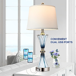 Set of 2 Blue Glass Table Lamps for Bedrooms with 2 USB ports 3-Way Dimmable Touch Coastal Bedside Lamps for Contemporary Style Modern Nightstand Lamps with 2 LED Bulbs for Home Lighting Decoration