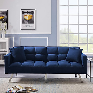 Olela Sleeper Sofa Bed Modern Tuft Futon Couch Convertible Loveseat Sleeper Reclining Sofa Bed Twin Size with Arms and 2 Pillows for Living Room, Navy Blue
