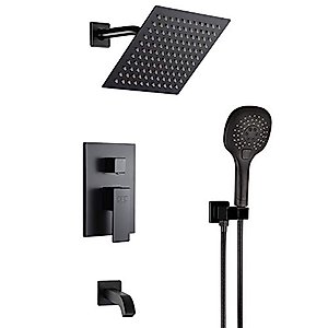 POP SANITARYWARE Matte Black Shower Faucet Set with Tub Spout Bathroom Rainfall 8 Inch Shower Head System with Handheld Single Handle Shower Trim Kit with Valve