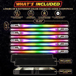 LIGHTSABER CHOPSTICKS LIGHT UP STAR WARS LED Glowing Light Saber Chop Sticks REUSABLE Sushi Lightup Sabers-Removable Handle Dishwasher Safe-Premium GIFT BOX & CARRY CASE Included-8 COLOR MODES-4 PAIRS