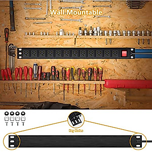 12 Outlet Metal Power Strip, 19inch Rack Mount Heavy Duty Power Strip for Network Cabinet Garage Workbench, 6ft SJT 16AWG Power Cord, Black