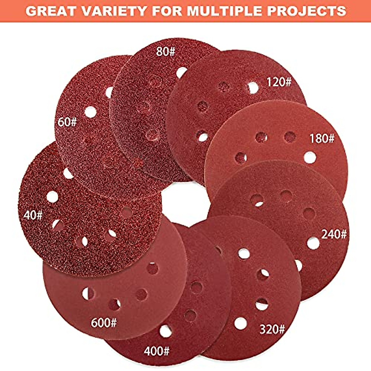 165pcs Orbital Sander Sandpaper Sanding Discs 5 Inch 8 Hole 40 60 80 120 180 240 320 400 600 Grit, Hook and Loop Random Orbital Sandpaper Assortment for Wood STUHAD
