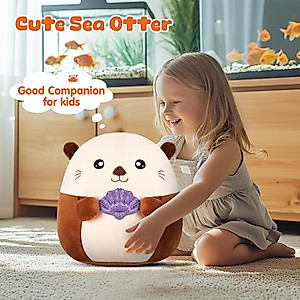 Glow Guards 12” Sea Otter Plush Pillow with Fuzzy Ears,Cute Otter Stuffed Animal,Soft Plushies Pillow Kawaii Otter Plush Toys with Glitter Purple Seashell,Otter Toys Gift for Girls Boys Birthday
