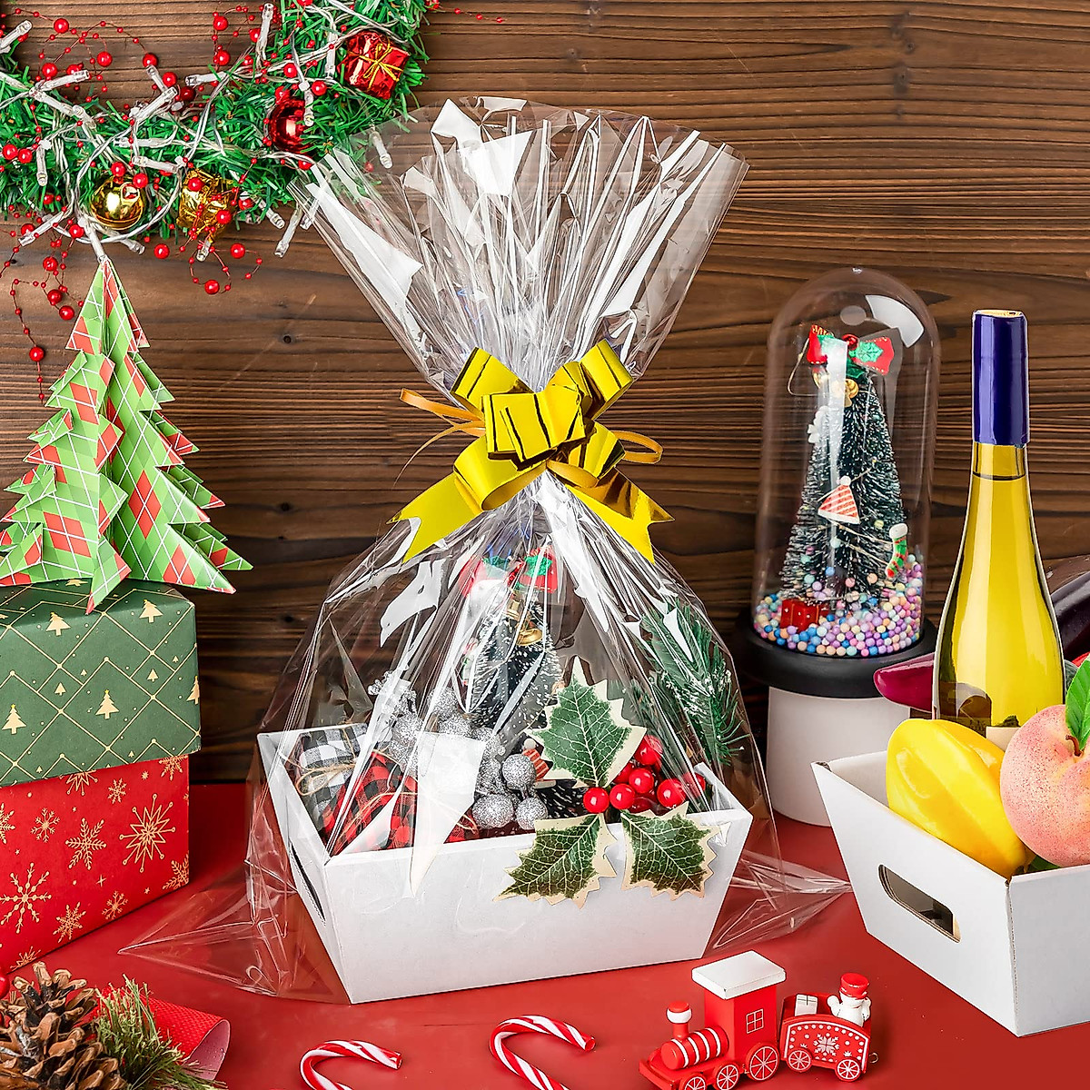 106 Pcs Empty Gift Basket Set 30 Cardboard Gift Basket 8 x 6 x 3 Inch Empty Baskets for Gifts with Handles, 40 Bags, and 36 Multicolor Bows for Party Home Wedding Birthday Food Serving Storage (White)