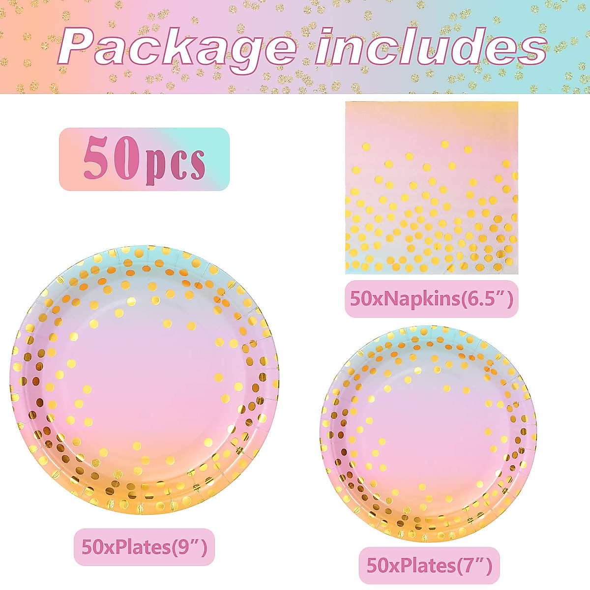 Boocikey 150PCS Pastel Rainbow Plates and Napkins Party Supplies Golden Dot Pastel Paper Plates Disposable for 50 Guests Pastel Rainbow Party Decorations for Pastel Party Decorations