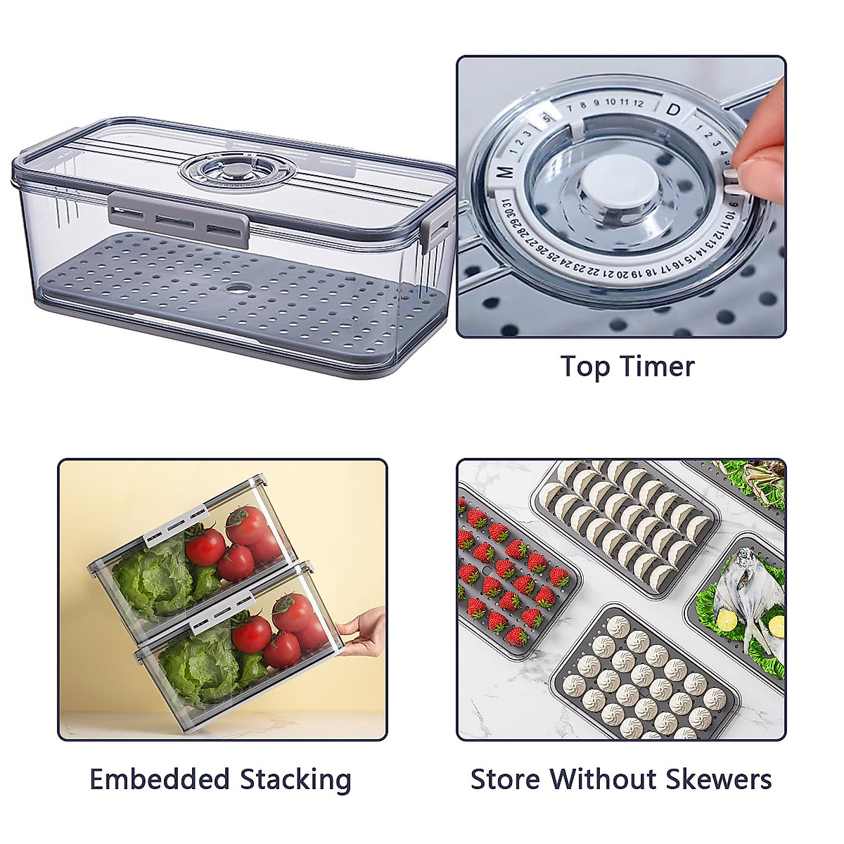 Dafape Refrigerator Organizer, Food Storage Container with Freshness Timer Lid Drain Tray Storage Bins for Fruits Vegetable Meat Dumpling Kitchen Fridge Plastic Reusable Stackable Non-Slip (Gray)