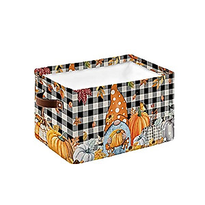 Storage Bin Foldable Storage Basket Pumpkin Gnome Thanksgiving Fall Maple Leaf,Large Storage Bins Handles Storage Baskets for Organizing,Farm Harvest Black Checker Collapsible Storage Cubes Organizer
