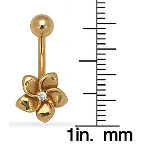 JewelryWeb Solid 14k Gold CZ Cubic Zirconia Plumeria Flower Curved Barbell Belly Button Navel Ring Dangle Piercing (8mm x 20mm) (yellow-gold)