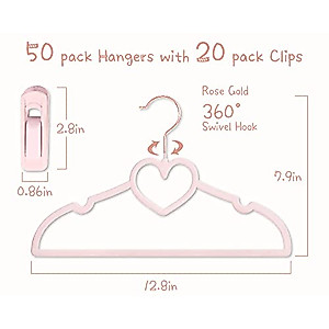 Pink Heart Velvet Baby Hangers - 50pack 13inch Toddler Hangers with 20pcs Clips, Premium Velvet Strong and Durable Baby Clothes Hangers Without Slipping, Ultra Slim and Stackable Space Saving