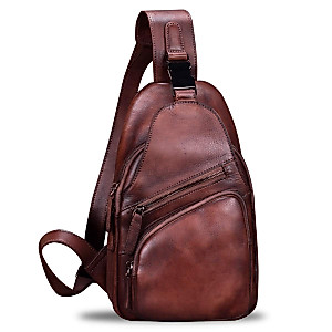 Genuine Leather Sling Bag Chest Shoulder Hiking Backpack Vintage Handmade Crossbody Daypack (Coffee)