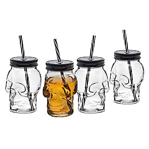 Skull Mason Jar Mug Glass Tumbler Glass Cups with Cover and Straw, Halloween Decor, Drinking Glasses - 16oz, Set of 4