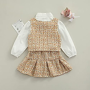 Santikisler Kids Toddler Skirt Outfits Baby Girl Long Sleeve Blouse Tweed Vest Tartan Plaid Skirt Set 3 Piece Fall Winter (White Plaid, 2-3T)
