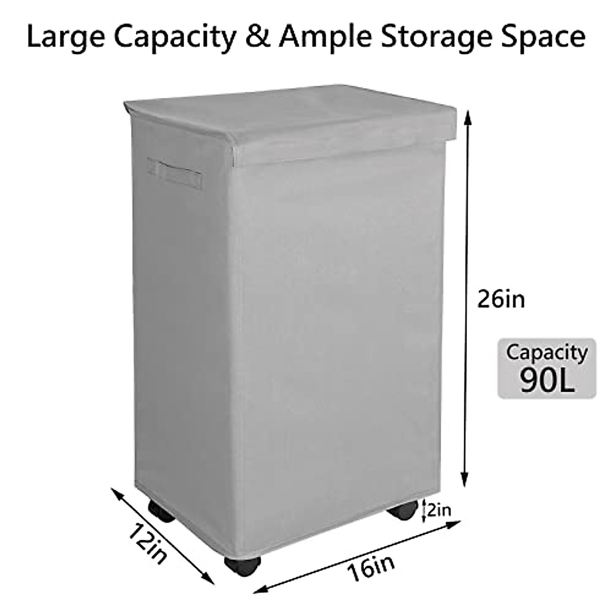 WOWLIVE 90L Large Laundry Hamper with Lid and Wheels Rolling Collapsible Laundry Basket Handle Foldable Tall Dirty Clothes Hamper Dorm Room Storage for Bedroom Bathroom, Grey