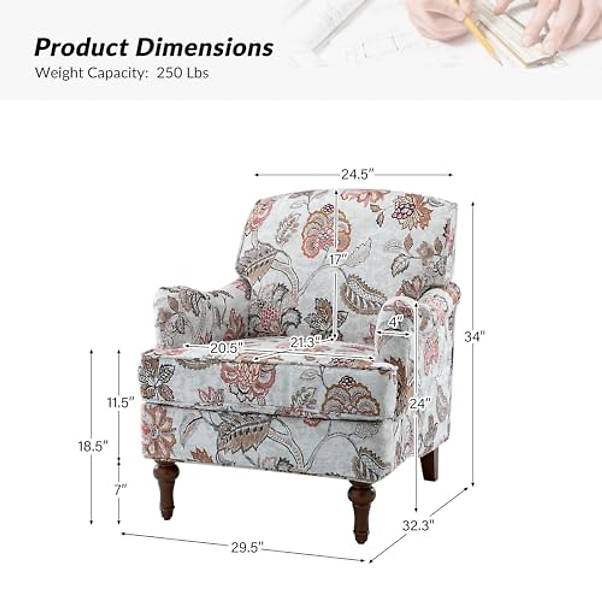 HULALA HOME Modern Accent Chair with Retro Wood Legs, Comfy Upholstered Armchair with Removable Cushion, Floral Design Single Sofa Chair for Living Room Bedroom Office, Pink