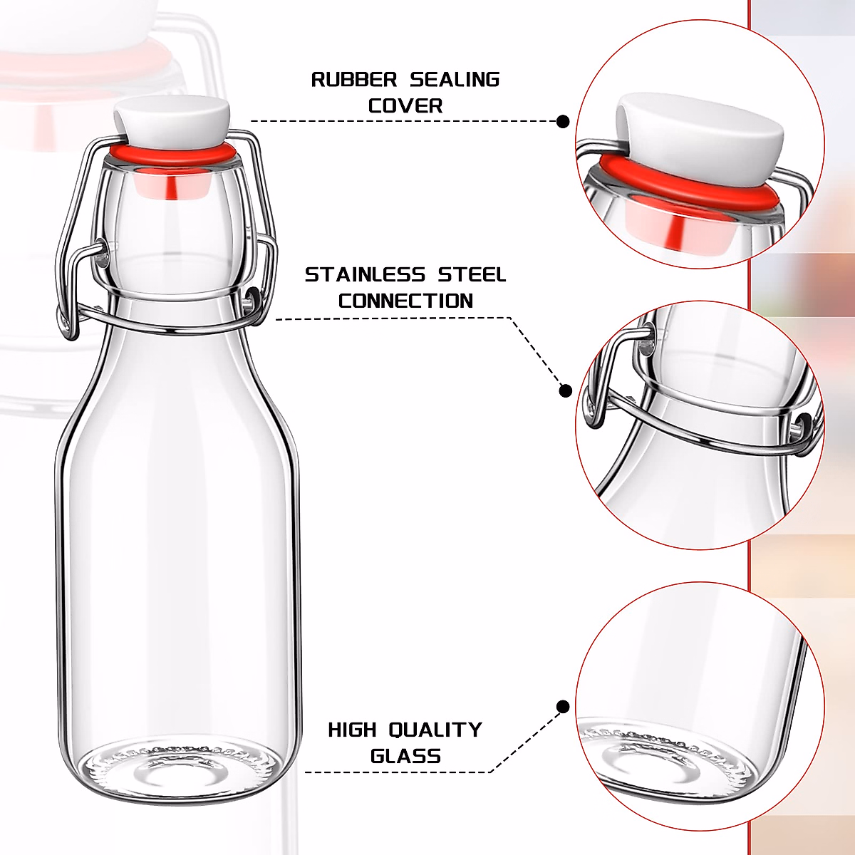 Flip Top Glass Bottles with Caps Beer Clear Swing Top Glass Vinegar Kombucha Bottles with Stoppers Airtight Lids for Wedding Themed Baby Shower Christmas Gifts(12 Pcs,3.38 oz)