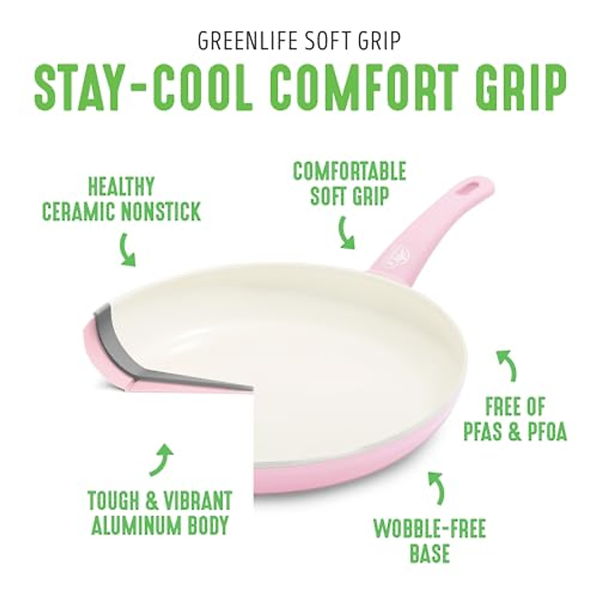 GreenLife Soft Grip Healthy Ceramic Nonstick 18 Piece Kitchen Cookware Pots and Frying Sauce Saute Pans Set, PFAS-Free with Kitchen Utensils and Lid, Dishwasher Safe, Soft Pink