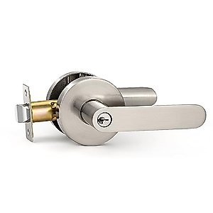 Knobonly Entry Door Handles with Lock and Keys, Satin Nickel Finish Front Exterior Door Levers Keyed Alike, Modern Heavy Duty Entry/Entrance Door Handle Set 1 Pack