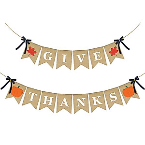 ERKOON Thanksgiving Banner, Give Thanks Burlap Banner Garland Bunting Banner for Harvest Time Thanksgiving Party Decoration