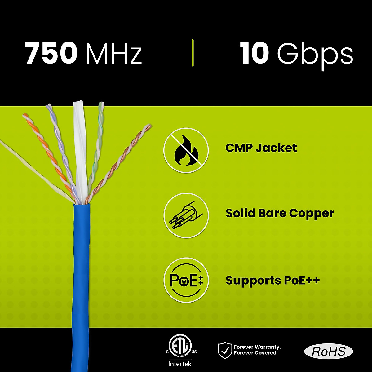 trueCABLE Cat6A Plenum (CMP), 1000ft, Blue, 23AWG 4 Pair Solid Bare Copper, 750MHz, PoE++ (4PPoE), ETL Listed, Unshielded Twisted Pair (UTP), Bulk Ethernet Cable
