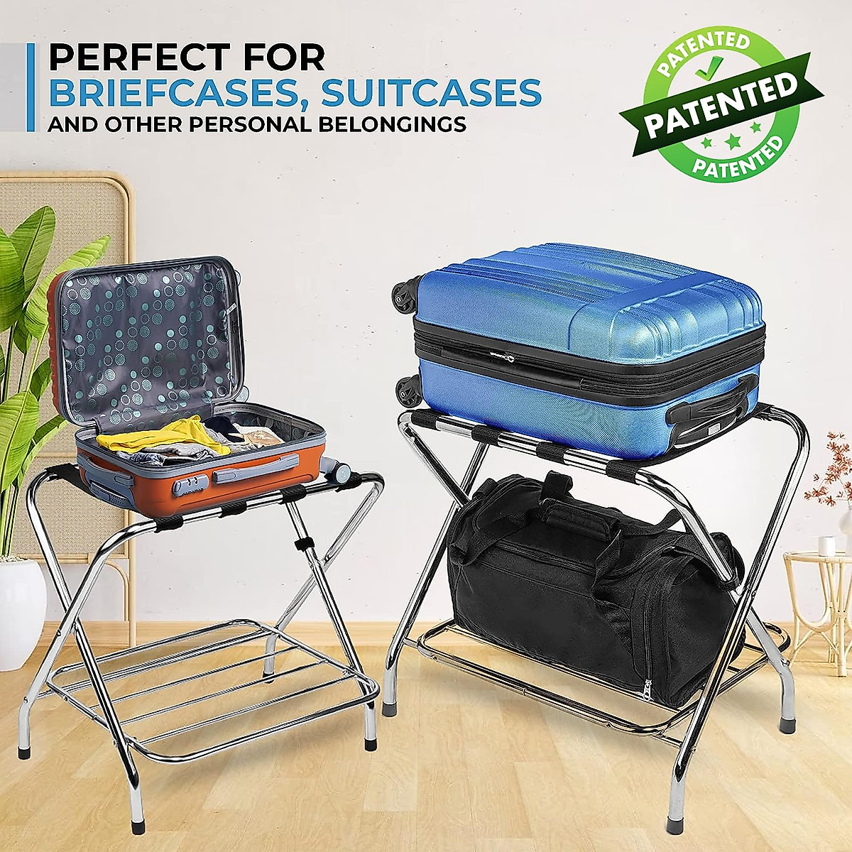 Foldable Luggage Rack, Metal Suitcase Stand for Guest Room, Heavy Duty Luggage Rack for Bedrooms, Hotels, Travel | Folding Luggage Racks for Suitcases and Storage (Double Rack (DIY), Pack of 2)