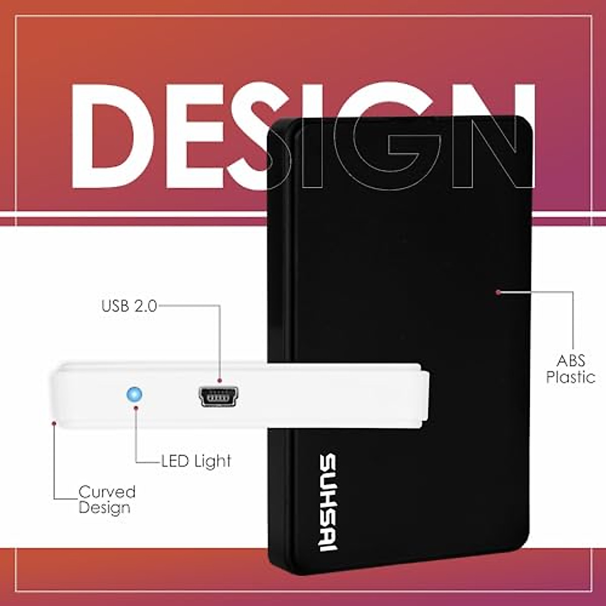 SUHSAI Portable 1TB External Hard Drive, HDD Backup Storage with USB 2.0 Fast Data Transfer, Ultra Slim & Light Hard Disk 2.5” Compatible with PC, Mac, Window, Laptop, and Desktop (White)
