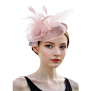 SHUERIET Fascinators Hat Flower MeshVeil Ribbons Feathers on a Headband and a Clip Tea Party Headwear for Girls and Women (a3-Skin Pink)