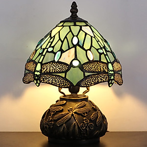 RHLAMPS Small Tiffany Lamp Mushroom Table Lamp, Sea Blue Dragonfly Style Mini Stained Glass Desk Memory Lamp Sympathy 8X11 Inch