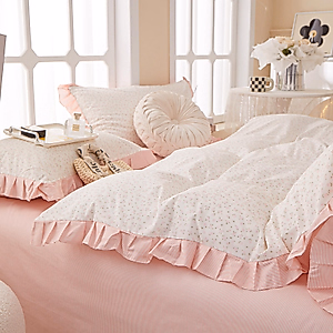 Pink Floral Duvet Cover Twin Chic Flower Print Ruffle Duvet Cover Cotton Lace Comforter Cover Country Style Floral Bedding Set Romantic Ruffle Comforter Cover Flower Duvet Cover with 2 Pillowcases