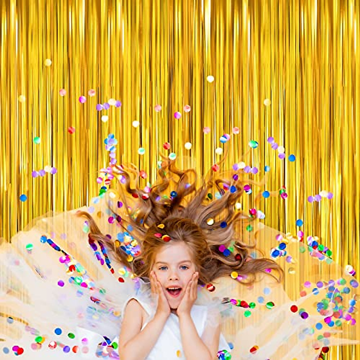 FANNEV 3pcs 3.3 * 8.2ft Gold Tinsel Foil Fringe Curtains Streamers for Birthday Graduation Wedding Engagement Bridal Shower Bachelorette Holiday Gold Party Decorations, Christmas Photo Back Drop