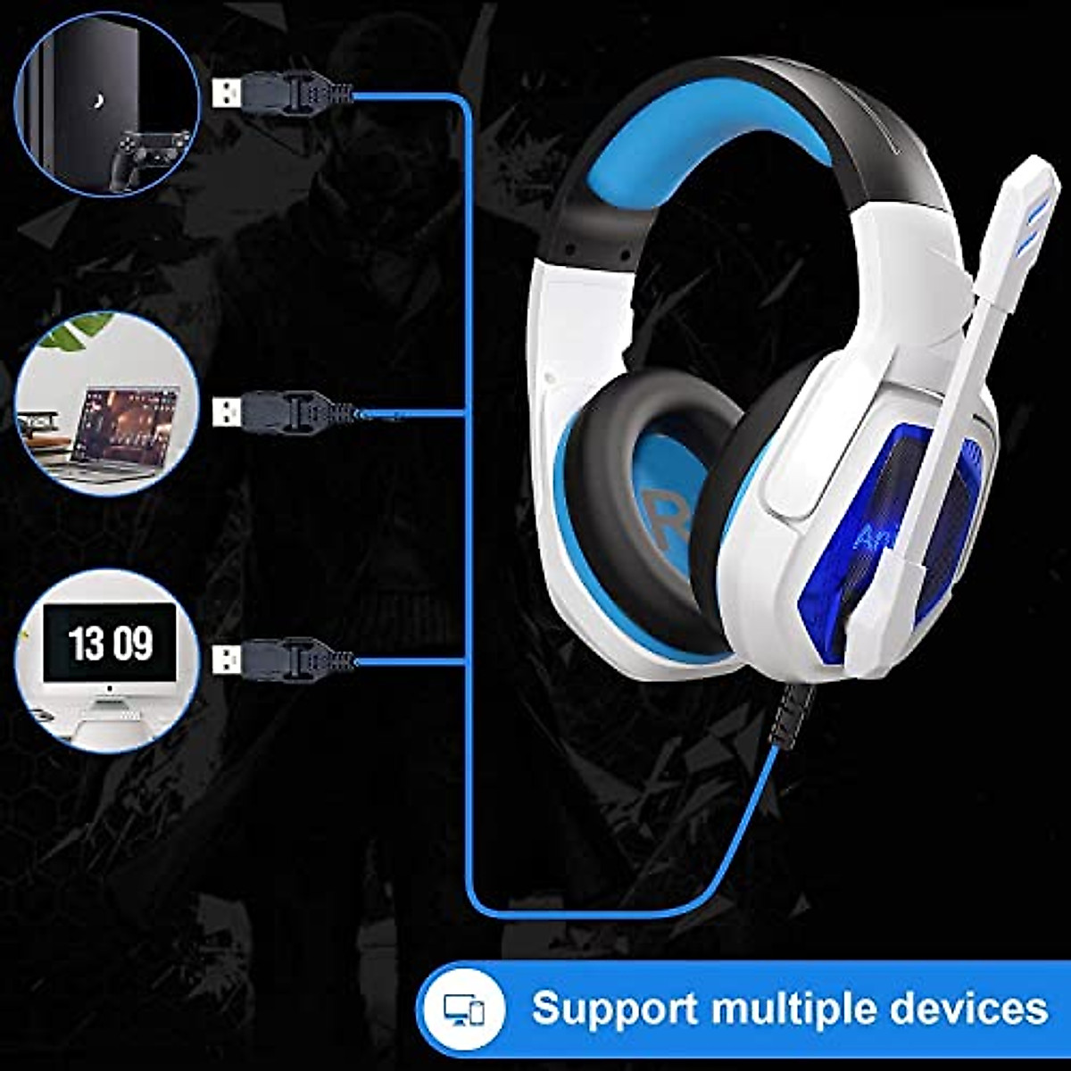 Anivia New Updated Wired Over-Ear Headphones - USB 7.1 Gaming Headset with Microphone, Stereo Surround Sound, Noise Isolating, Bass, LED Lights for PC Computer Mac