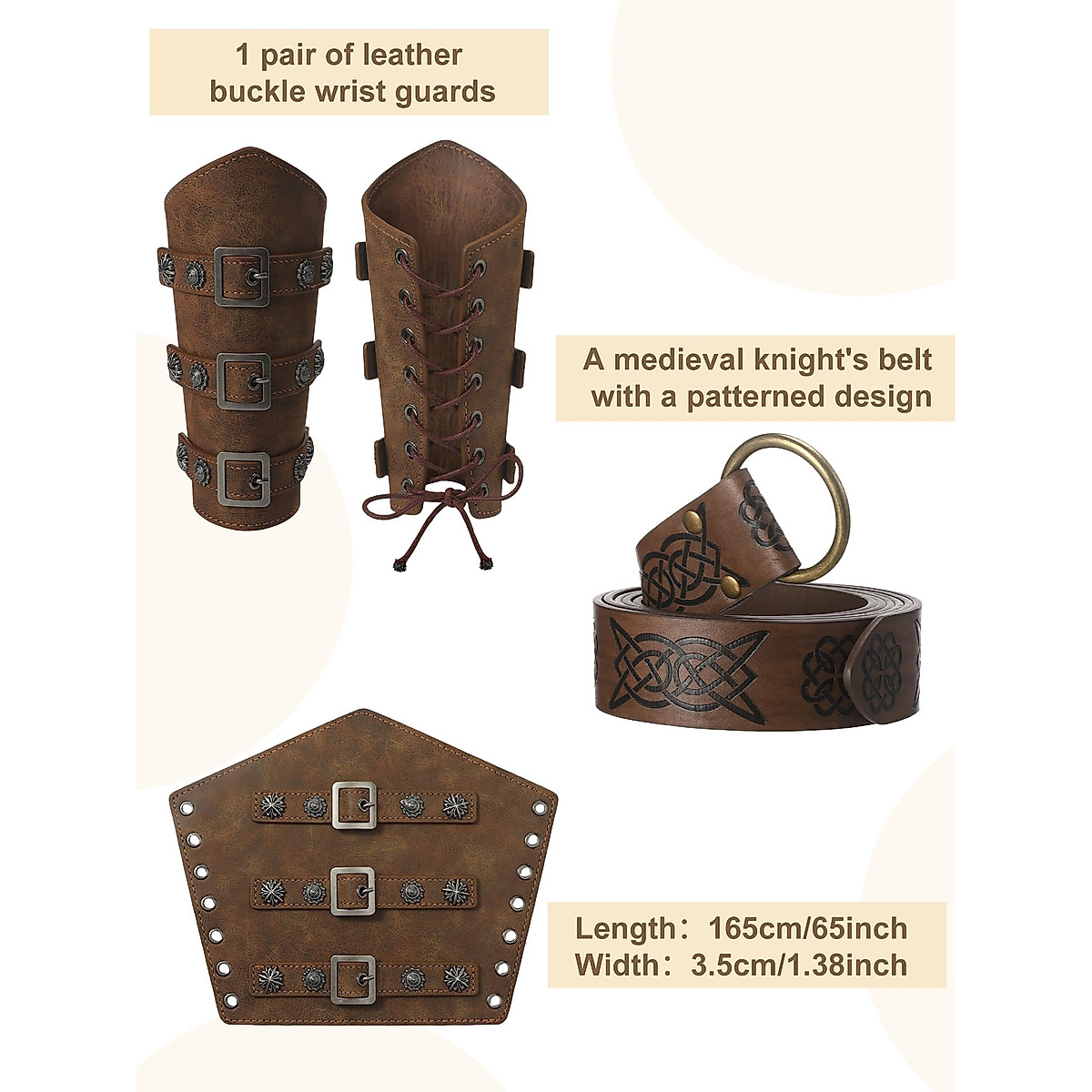 Jiuguva 4 Pcs Halloween Men's Renaissance Costume Set Medieval Pirate Shirt Ankle Banded Pants Viking Belt Accessories (Stylish Color,Small)