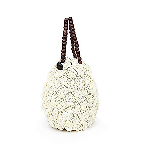 QTKJ Fashion Women Woven Straw Tote Bag Hollow Out Summer Vintage Straw Beach Bag with Beaded Handle (White)