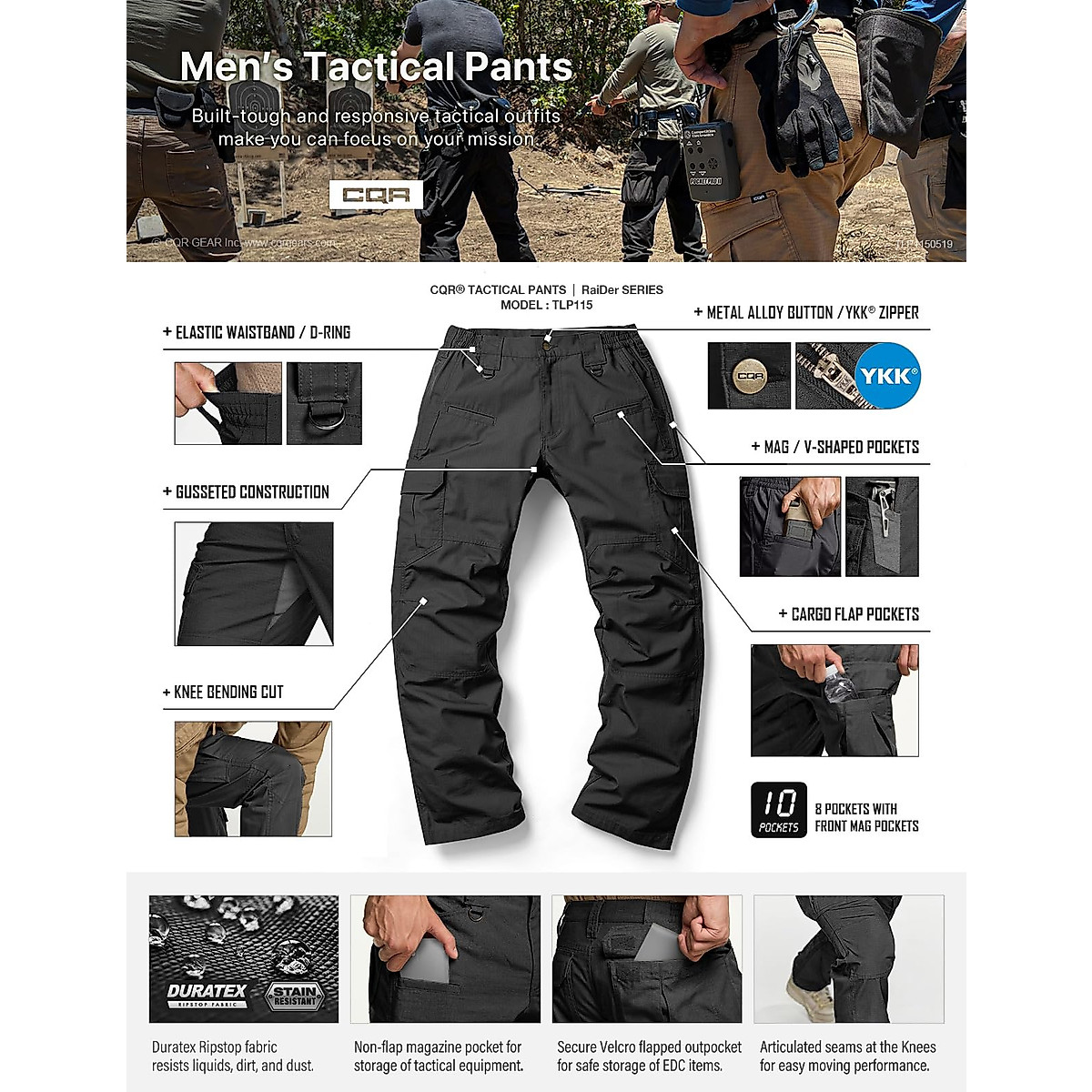 CQR CLSX Men's Tactical Pants, Water Resistant Ripstop Cargo Pants, Lightweight EDC Work Hiking Pants, Outdoor Apparel, Duratex Black, 38W x 30L